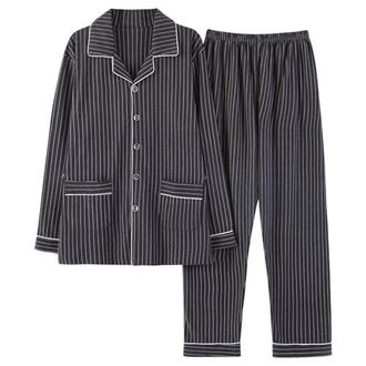 Generic Pyjama homme long coton poignets : combinaison dint&eacute;rieur pour hommes XXXL avec boutonni&egrave;re chemise de nuit + pantalon de pyjama 2 pi&egrave;ces v&ecirc;tements de