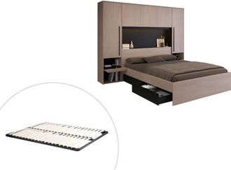 Vente-Unique Vente-Unique - Lit pont 160 x 200 cm avec 2 tiroirs et rangements - Structure en panneau de particule - Avec LEDs multicolores - Sommier cadre &agrave;