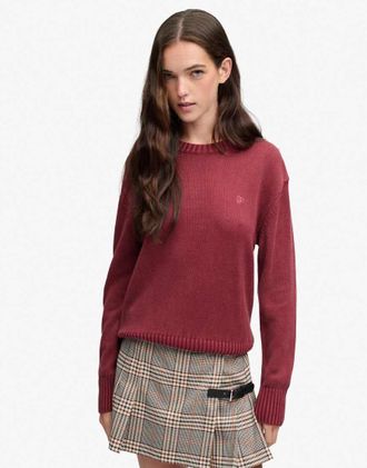 Superdry Classic Strickpullover in Portrot mit gewaschener Optik und Rundhalsausschnitt