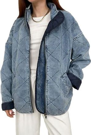 Generic Veste en jean surdimensionn&eacute;e &agrave; manches longues avec fermeture &eacute;clair pour femme - Coupe ample - V&ecirc;tement dext&eacute;rieur d&eacute;contract&eacute;, bleu clair, XXL
