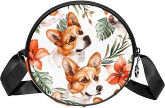 Generic Sac &agrave; bandouli&egrave;re rond pour femme, motif feuilles de Corgi, petit sac &agrave; bandouli&egrave;re avec fermeture &eacute;clair, bretelles r&eacute;glables, sac &agrave; main rond d&eacute;cont