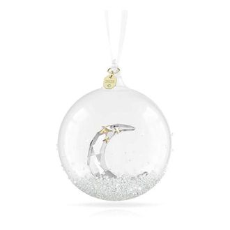 Swarovski D&eacute;coration Annuelle 2025, Boule en Verre, Lune en Cristal &agrave; lint&eacute;rieur avec Finition Ton Champagne, Suspendue &agrave; Un Ruban en Gros-Grain Blanc, grav&eacute;e 2