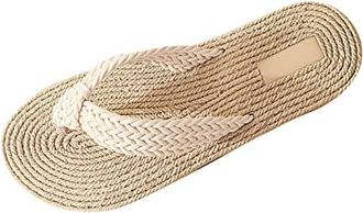 Generic Sandales dété plates pour femme - Tongs en bambou et rotin - Tongs en rotin - Sandales de plage - Sandales dété antidérapantes - Chaussures dété, beig