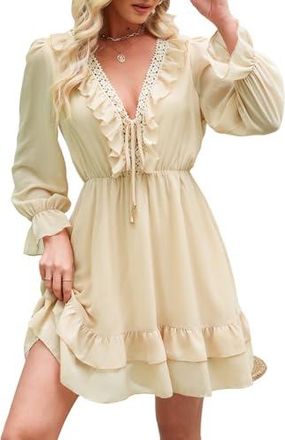 Cupshe Mini robe décontractée pour femme avec col en V noué sur le devant, robe tunique courte en dentelle à volants avec manches longues, beige, M