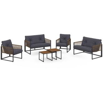IDMarket Salon de jardin bas RIO 6 places structure m&eacute;tal et cordage effet rotin avec coussin gris