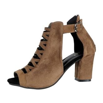 Generic Bottines &agrave; talons &eacute;pais &agrave; bout ouvert avec sangle de cheville et boucle de cheville pour femme - Sandales tendance avec fermeture &eacute;clair - Pour les lo