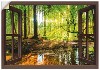 Artland ARTland Wanddeko Wandtattoo selbstklebende Vinylfolie 130x90 cm Fensterblick Wald Natur Landschaft Bach Sonne Baum Sonnenstrahlen T6AJ