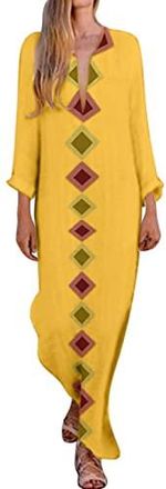 Generic Robes boh&egrave;me pour femmes, robe d&eacute;contract&eacute;e, imprim&eacute; tendance, col en V, manches longues, maxi, jaune, 3XL