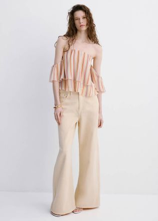 Mango Blouse &agrave; rayures et volants &eacute;cru - Femme - S - MANGO
