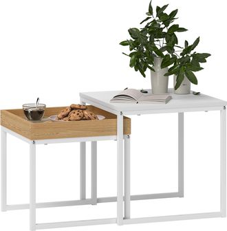 HOMCOM Couchtisch 2er Set Satztisch Beistelltisch mit Stahlgestell Wohnzimmertisch Kaffeetisch Sofatisch für Wohnzimmer Schlafzimmer, Weiß+Eiche