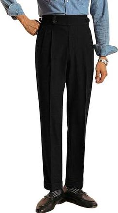 Generic Pantalon habill&eacute; pied-de-poule pour homme avec taille r&eacute;glable - Pantalon d&eacute;contract&eacute; formel - V&ecirc;tement dext&eacute;rieur pour homme - Avant plat, Noir, 46