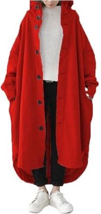 Generic Manteau &agrave; capuche mi-long for femmes, veste Trench &agrave; manches longues boutonn&eacute;e sur le devant for lautomne et lhiver(Red,XXL)
