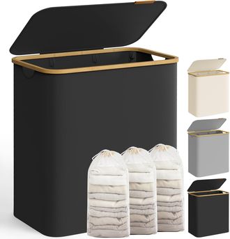 Songmics W&auml;schekorb mit Deckel, W&auml;schesammler mit 3 F&auml;chern, 150 L, herausnehmbarer W&auml;schesack, Oxford-Gewebe, Griffe aus Bambus, zusammenklappbar, 60 x 38,5 x