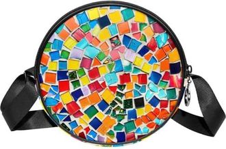 Generic Sac &agrave; bandouli&egrave;re rond pour femme, petit sac &agrave; bandouli&egrave;re color&eacute; &agrave; carreaux avec fermeture &eacute;clair, bretelles r&eacute;glables, sac &agrave; main rond d&eacute;contract&eacute; p