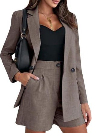 Generic Tenue d&eacute;contract&eacute;e 2 pi&egrave;ces pour femme - Blazer et short &agrave; manches longues ouvert sur le devant - Tenue daffaires pour le travail, marron, XXL
