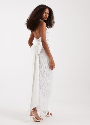 Tfnc Robe longue de mari&eacute;e en dentelle avec dos nu et noeud &agrave; larri&egrave;re - Ivoire-Blanc