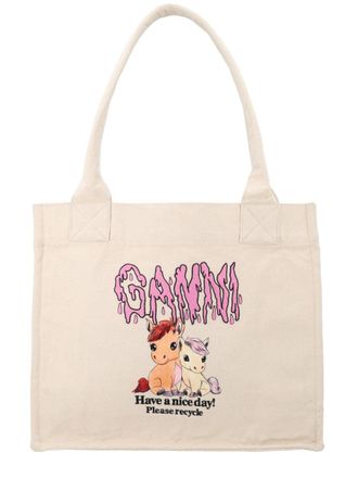 Ganni Womens Tote Bag With Print White Recycled Cotton Handbags Hand