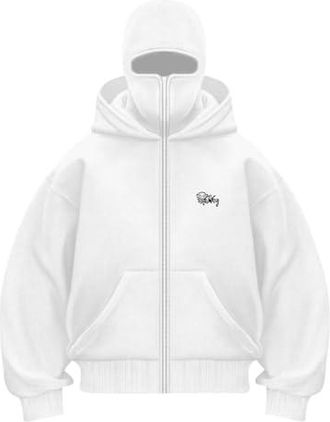 Minetom Sweat À Capuche Homme Sweat Zippé Veste Chaude Hoodie Cagoule Moto Masque Anti-Vent Sweat pour Sports De Plein Automne Hiver B Blanc XS