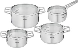 T-fal Nordica 8-teiliges Kochgeschirr-Set, Stielkasserolle 16 cm + Kocht&ouml;pfe 18/20/24 cm aus Edelstahl + Glasdeckel, Ausgie&szlig;er, einfaches Abtropfen, Indukti
