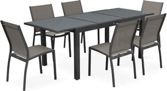 Sweeek Salon de jardin table extensible - Orlando - Table en aluminium 150/210cm et 6 chaises en textil&egrave;ne Gris / Gris taupe