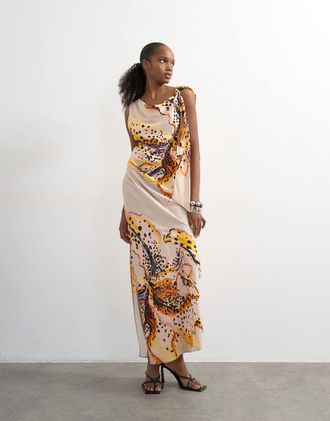 Topshop Maxikleid mit Orchideenmuster und drapiertem Bindedetail am Ausschnitt-Schwarz