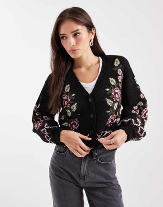 New Look Strickjacke in Schwarz mit V-Ausschnitt und Blumenmotiven