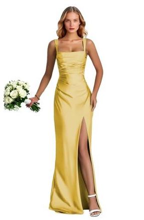 Generic Robe de demoiselle dhonneur en satin pour femme - Robe de bal sir&egrave;ne - Bretelles spaghetti - Corset long pliss&eacute; - Robe de soir&eacute;e formelle avec fente, 