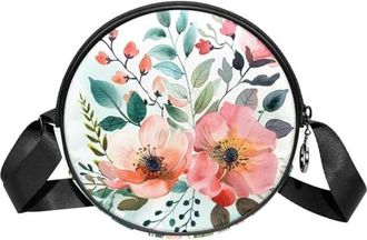 Generic Sac &agrave; bandouli&egrave;re rond pour femme, motif fleurs aquarelles, petit sac &agrave; dos &agrave; bandouli&egrave;re avec fermeture &eacute;clair, bretelles r&eacute;glables, sac &agrave; main rond 