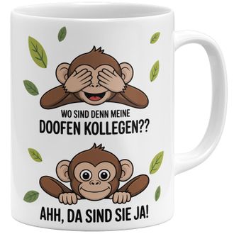 OM3 Lustige Arbeitskollegen Kaffee-Tasse mit Spruch - Bürotasse Doofe Kollegen Affen - Keramik Becher - 325ml - Beidseitig Bedruckt - Weiss
