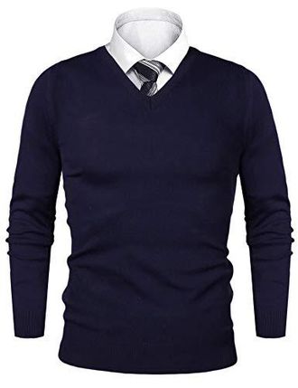 iClosam Pull Homme col V Cardin Hommes Pull en Maille Pull en Coton Classiques,Bleu, XXL