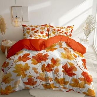 Generic Housse de Couette 200 x 200 cm, Doux Confortable Microfibre Feuilles DÉrable dautomne Rétro Imprimé 3 Pièces Couleur Orange Housse De Couette - Linge 