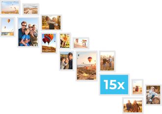 Photolini wei&szlig;e Bilderrahmen Set verschiedene Gr&ouml;&szlig;en, 15 Bilderrahmen Treppenaufgang Holz MDF, Bilder Rahmen mit Acrylglas, Bilderrahmenset zum Aufh&auml;ngen, Fotor