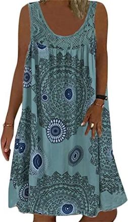 ORANDESIGNE Robe Tunique Femme de Plage Rétro Boho Robes Col V Robes au Genou sans Manches Imprimé Floral Casual Ample Dress Grande Taille Robe G Vert 48