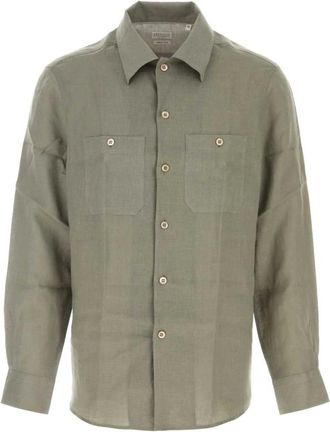 Brunello Cucinelli Homme, Chemises, Gris, Taille: 2XL Chemise Coupe D&eacute;contract&eacute;e en Lin avec Poches de Poitrine