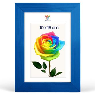 MG Design Bilderrahmen A6 10 x 15 cm - Fotorahmen mit Blau Holzrahmen (Echtholz) und bruchsicherem Acrylglas, Hoch & Quer zum Aufh&auml;ngen, zum Aufstellen