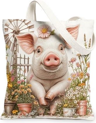 Generic Sac fourre-tout en toile de cochon printanier pour faire du shopping, 33 x 38,1 cm, sac d&eacute;picerie r&eacute;utilisable pour femme, ferme, fleurs sauvages, pla
