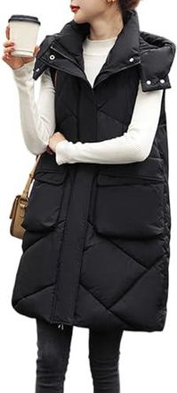 Generic Gilet long matelass&eacute; dhiver sans manches pour femme avec capuche amovible et fermeture &eacute;clair - Taille L, Noir, XXL