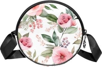 Generic Petit sac &agrave; bandouli&egrave;re circulaire pour femme, motif feuilles florales, sac &agrave; dos avec fermeture &eacute;clair, bretelles r&eacute;glables, sac &agrave; main rond d&eacute;contra