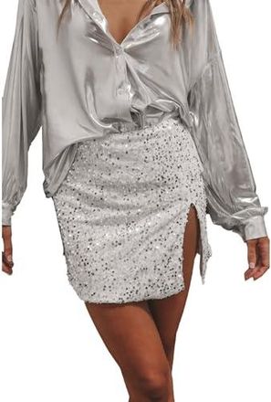 Generic Mini jupe paillet&eacute;e rouge &agrave; paillettes - Jupe courte tendance Y2K - L&eacute;g&egrave;res et extensibles - Jupe moulante &agrave; paillettes - Tenue de festival - F&ecirc;te rav