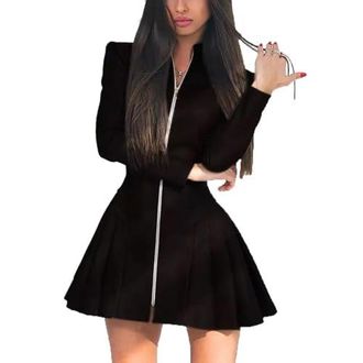 Generic Robe décontractée à manches longues en cuir pour femme, robe plissée à manches longues et col montant avec fermeture éclair courte, Noir, L