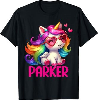 BDAZ Parker Personalisierter Name Buntes Einhorn Damen Mädchen T-Shirt
