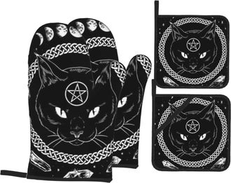 321 4 Stück Ofenhandschuh Und Topflappen Set Dreifache Mondgöttin Hexe Hexerei Katze Schwarzes Pentagramm Topflappen Anti-Rutsch Ofen Mitts Hitzebeständig