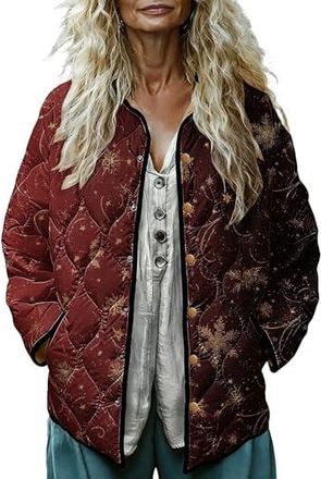Generic Veste matelassée à imprimé graphique de Noël pour femme, manteau fantaisie festif avec motif vacances rétro, manches longues, col montant boutonné pou