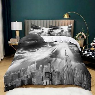 Generic Housse de Couette Horizon Ville New York 180 x 200 cm, Gris Microfibre Parure de Lit avec 2 Taies doreiller pour 2 Personnes D&eacute;coration de Chambre - H