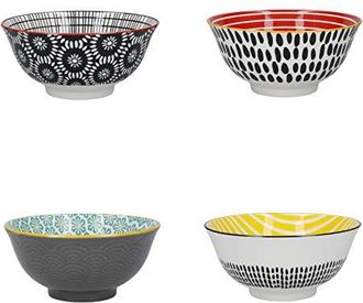 KitchenCraft Patterned Cereal Bowl Set in Gift Box, 4 Ceramic Bowls Ideal for Ice Cream, Soup and More, Monochrome Designs, 15cm