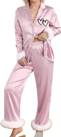 Generic Ensemble de pyjamas d&eacute;contract&eacute;s et confortables pour la Saint-Valentin 2026 pour femmes, chemise &agrave; manches longues, pantalon, deux ensembles (2), Rou