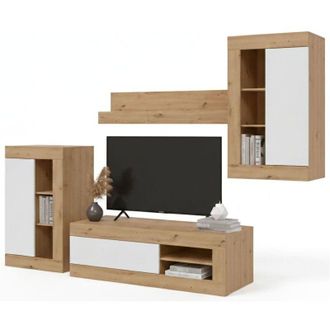 Dmora Dmora Einbaufertige Wand Oakland, TV-St&auml;nder f&uuml;r Wohnzimmer, Wohnzimmerkomposition mit 3 H&auml;ngeschr&auml;nken und 1 Regal, cm 270x35h113, Eiche und Wei&szlig;