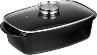 Relaxdays Bräter mit Deckel, Bratentopf 5 L, beschichteter Universalbräter mit Aromaknopf, Elektro- & Gasherd, schwarz