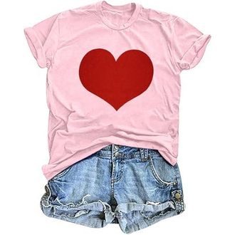 Generic T-shirt &agrave; manches courtes imprim&eacute; coeur pour la Saint-Valentin 2026, rose, L