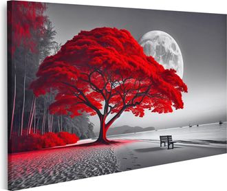 Islandburner Prime Bild auf Leinwand Leuchtend Roter Baum an Einem Stillen Strand mit Vollmond Bilder Wandbilder Poster